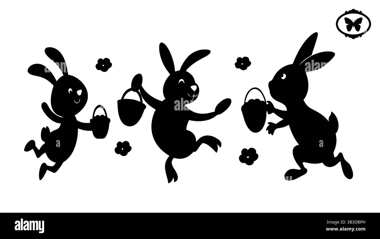 Three Easter Bunny Silhouettes vector set with Baskets Cute Kids Vector ...
