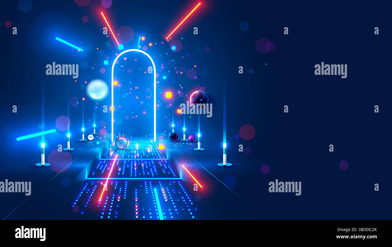 Abstract door in tunnel with digital data center light signals. Future ...