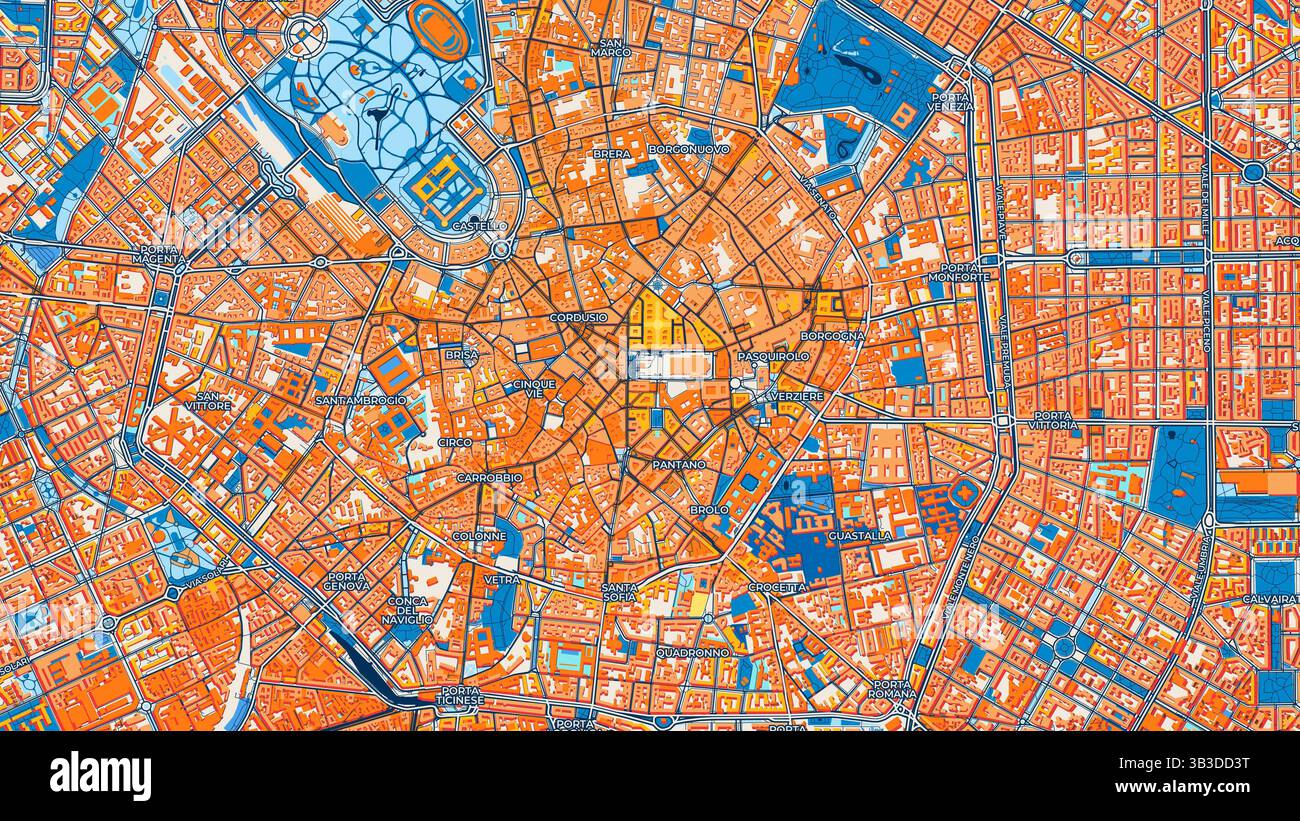 Colorful Milan Art Map with Labels and Buildings with many details for ...