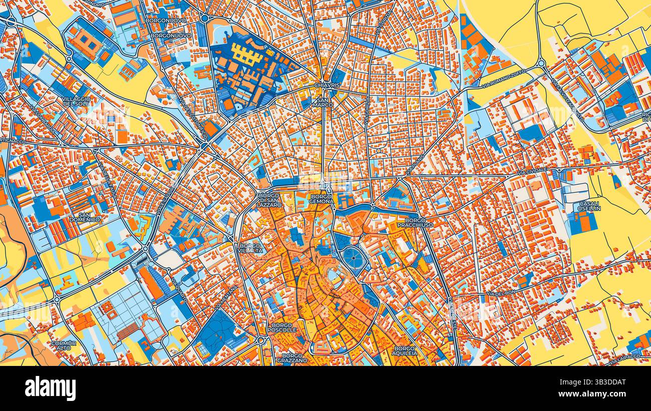 Colorful Udine Art Map with Labels and Buildings with many details for ...