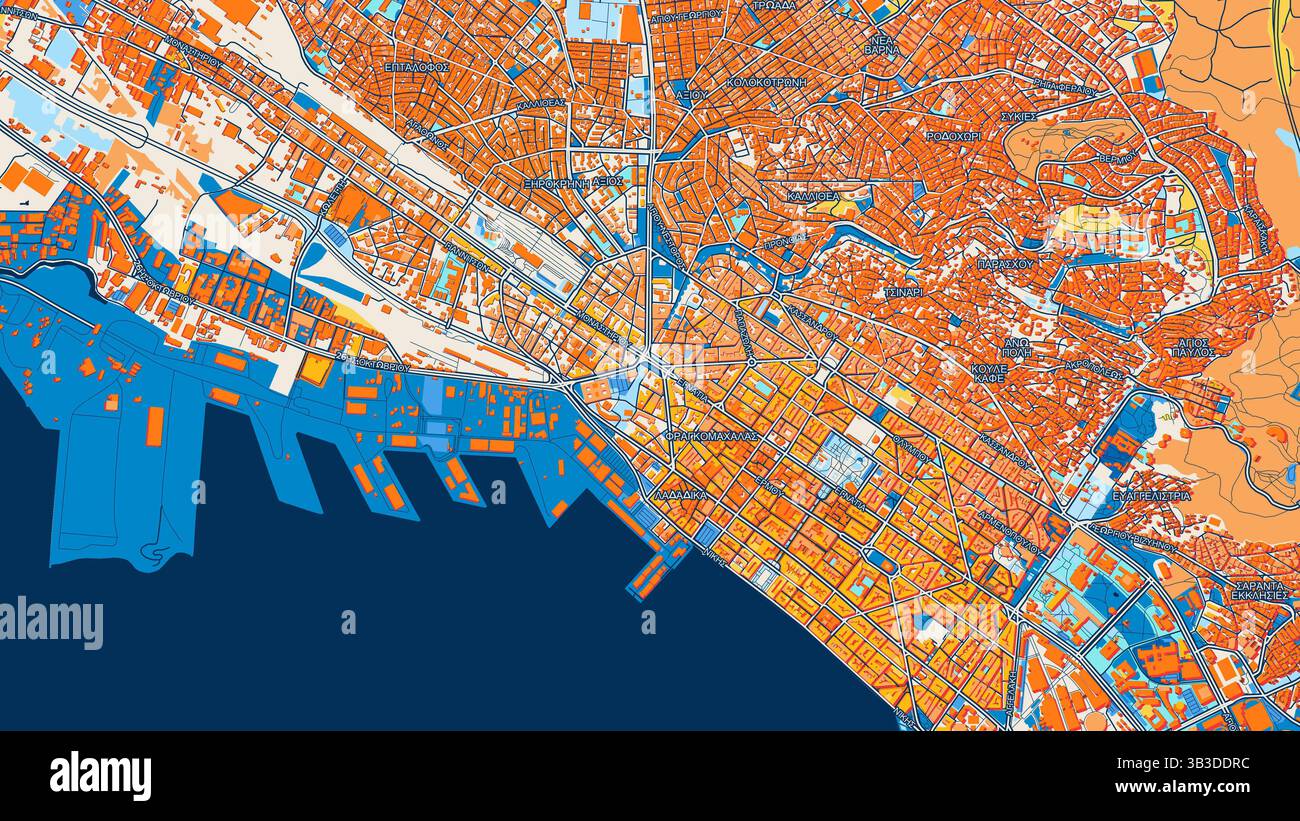 Colorful Thessaloniki Art Map with Labels and Buildings with many ...