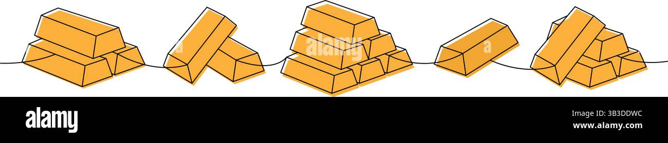 Set of gold bars stack one line colored continuous drawing. Money investment and finance. Vector ...