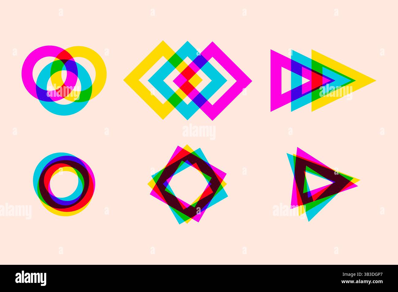 Set of geometric shapes in risograph style, overlapping colors Stock ...