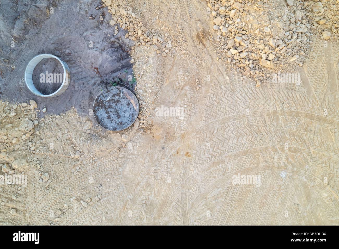 top-down aerial view of a construction site detail, overhead drone view ...