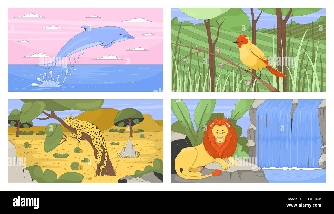 Wildlife animals in natural habitats flat illustrations set Stock ...