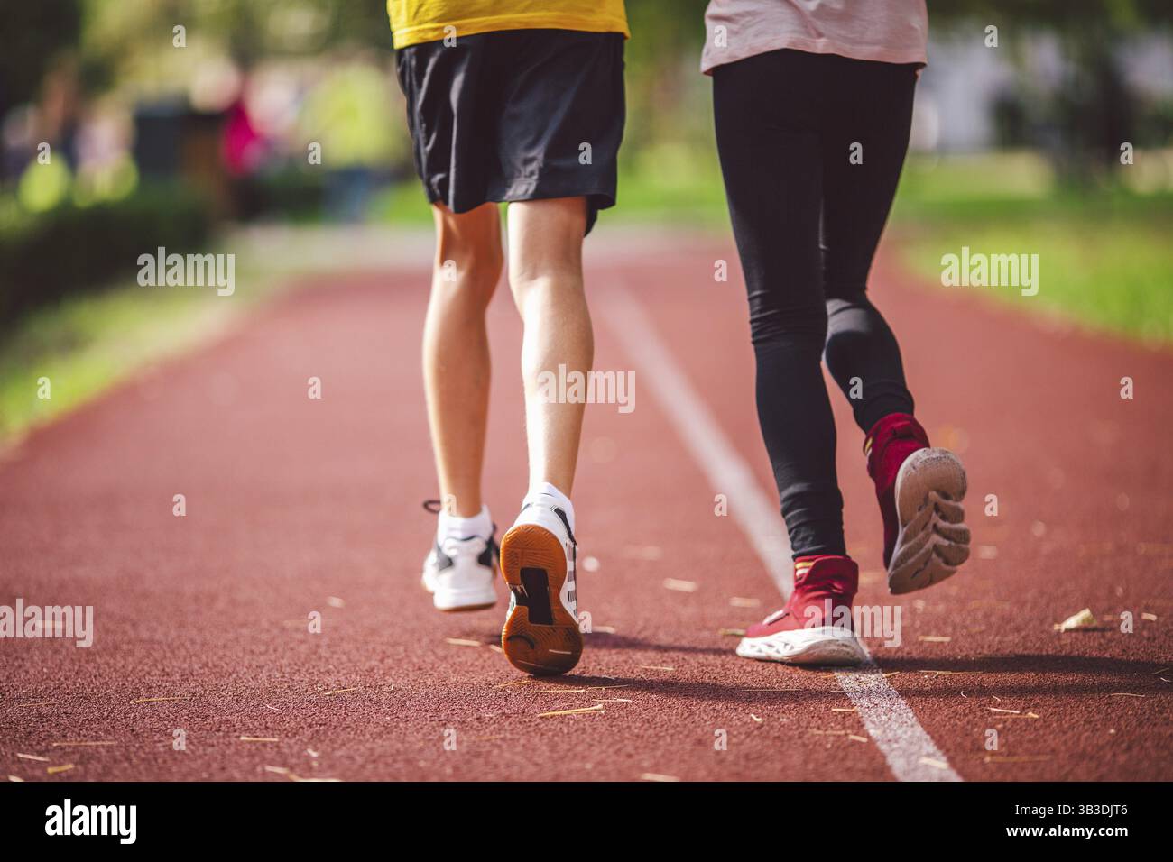 Four legs close-up brother and sister in trainers running on red ...