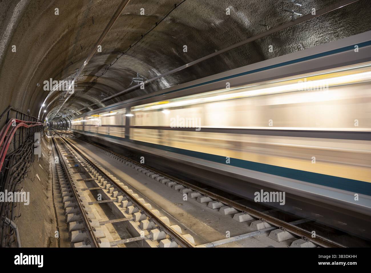 Subway tunnel rail tracks. Long exposure. Blurred lights Stock Photo ...