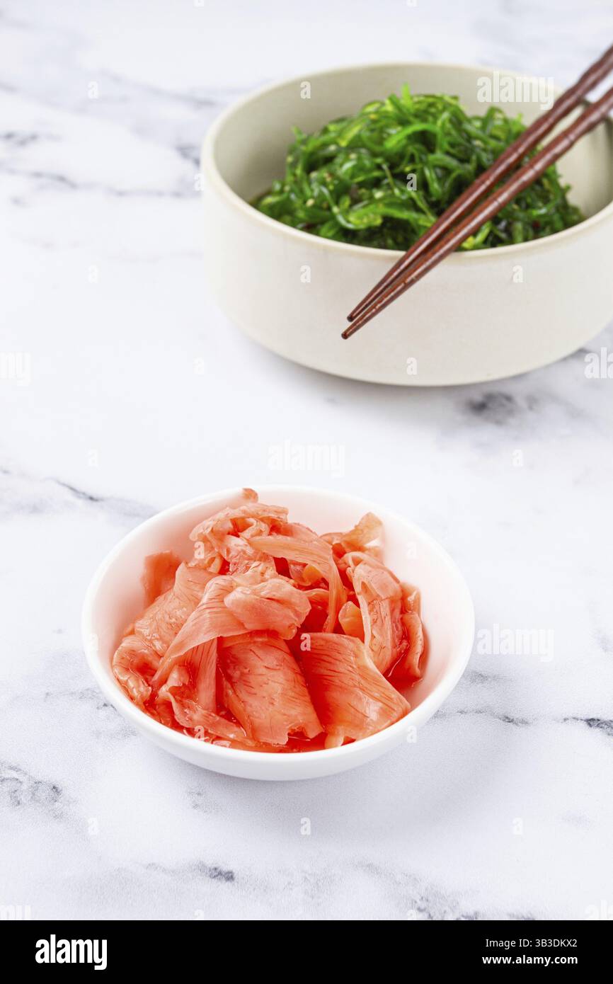 Chuka salad, made from fresh seaweed, with sesame dressing, in a white ...