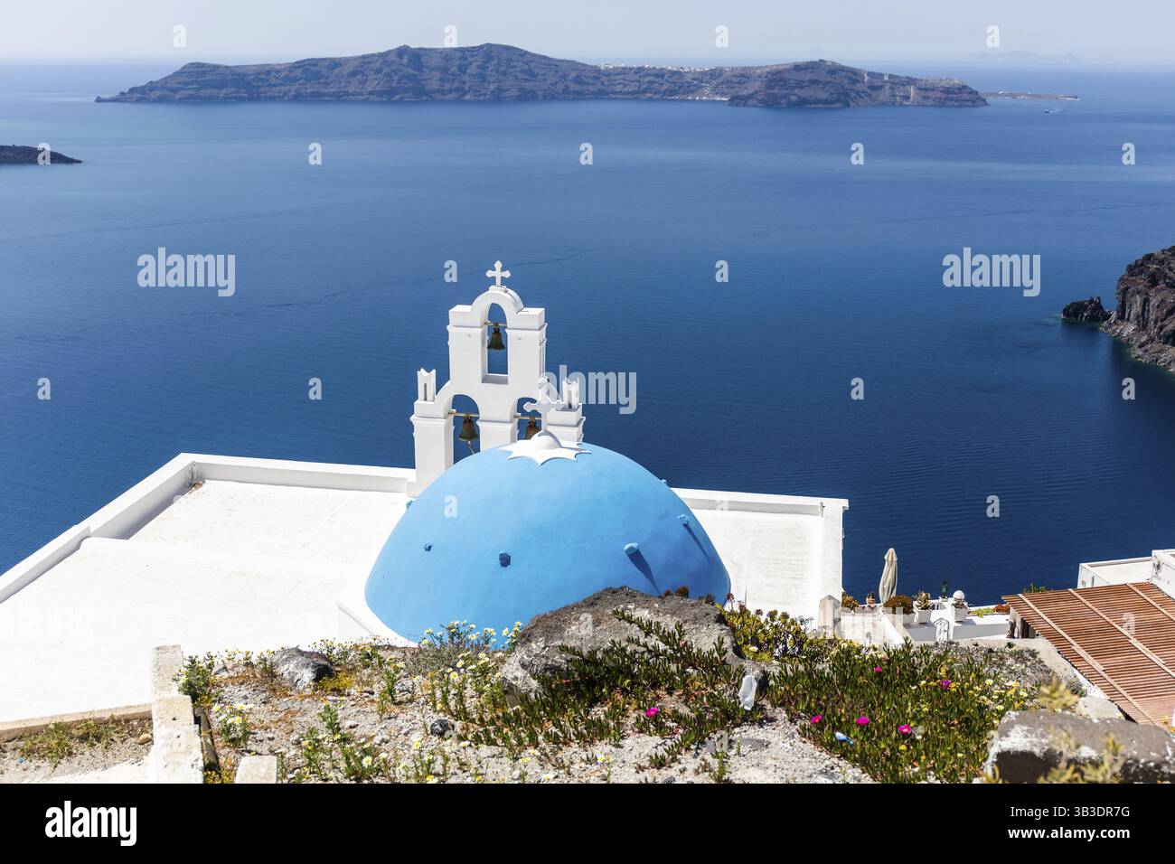 Blue church dome, bell tower, view of the caldera, Thirassia Island ...