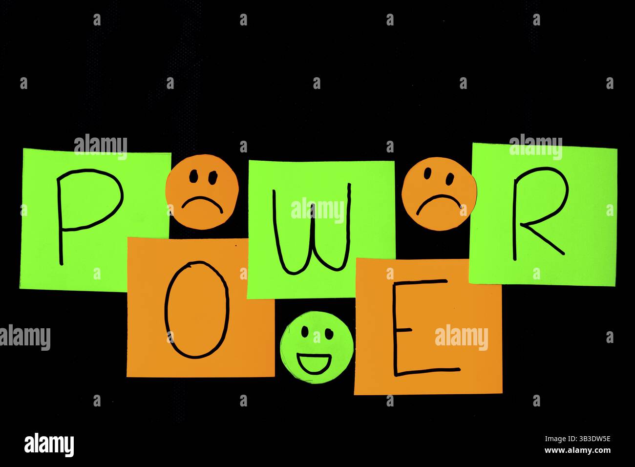 The word POWER written in separate letters on green and orange sheets ...