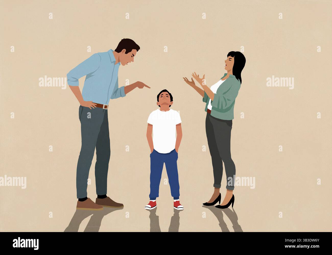 Angry parents yelling at boy with head back and hands in pockets Stock ...