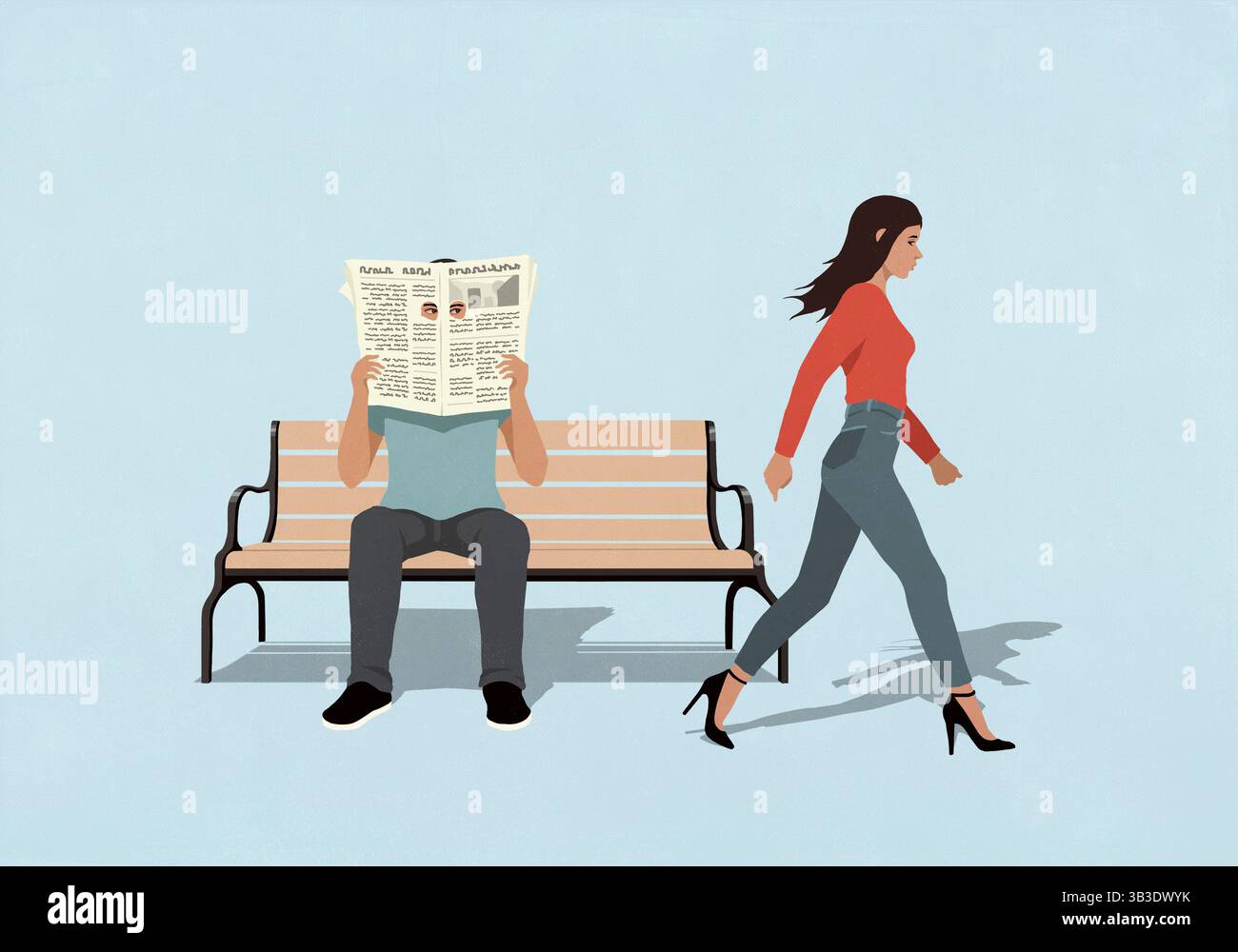 Man on bench peering through holes in newspaper, gawking at beautiful ...