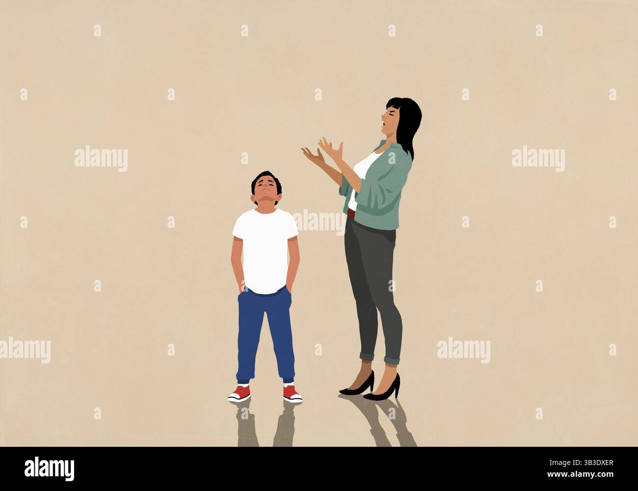 Angry mother yelling at son with head back and hands in pockets Stock Photo - Alamy