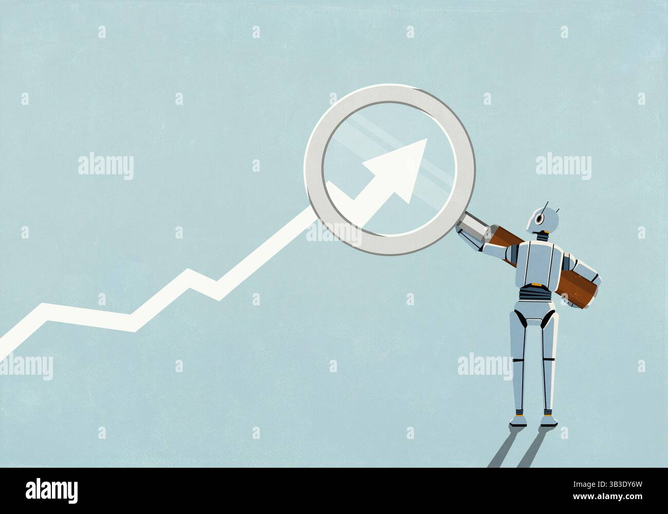 Humanoid robot with magnifying glass examining ascending data arrow ...