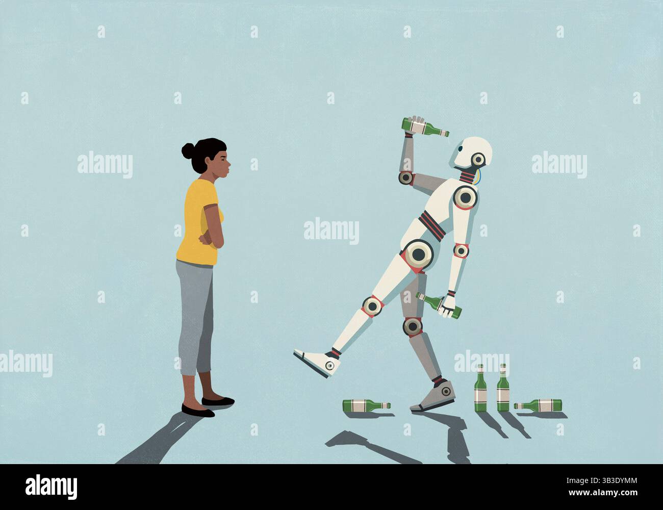 Angry woman watching drunk humanoid robot drinking beer Stock Photo - Alamy