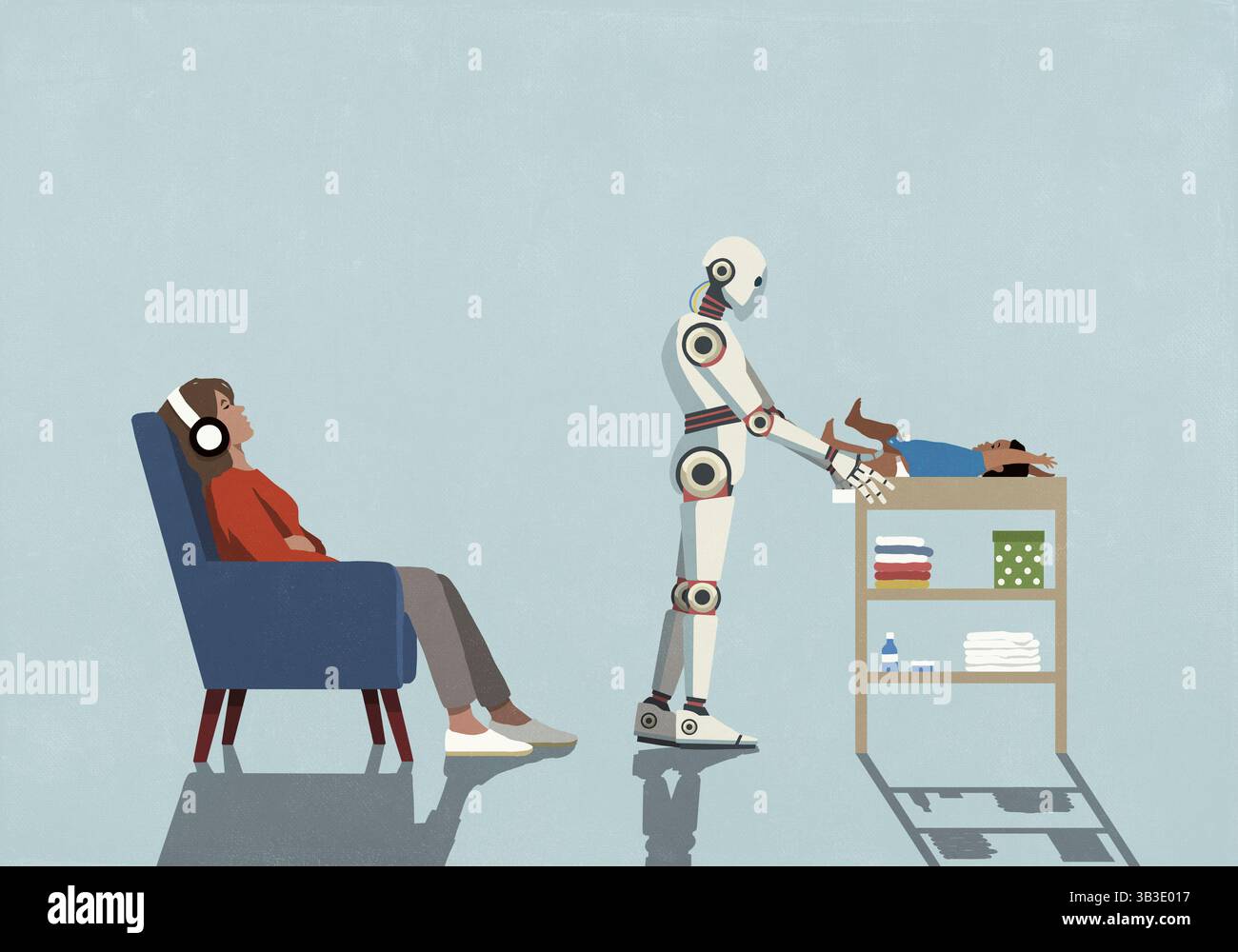 Mother with headphones relaxing and listening to music while humanoid ...