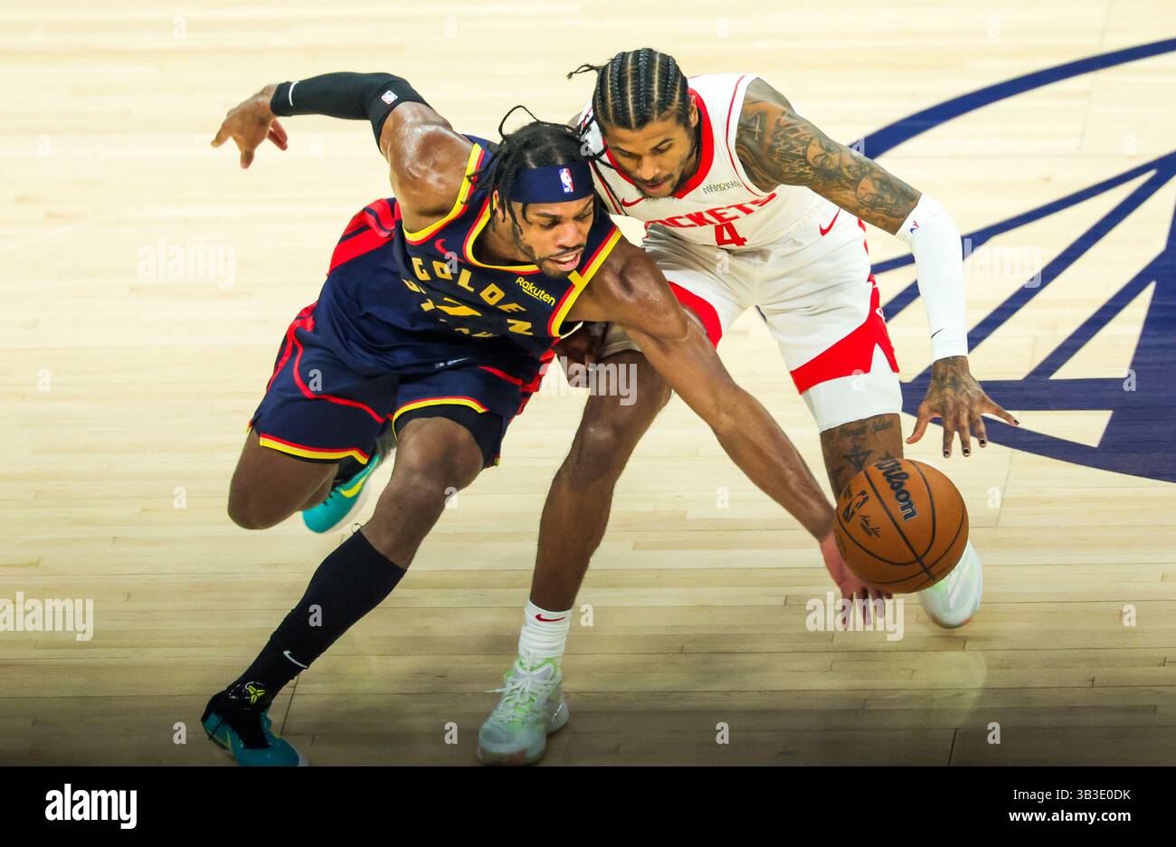 San Francisco, USA. 28th Apr, 2025. Jalen Green (R) of Houston Rockets ...