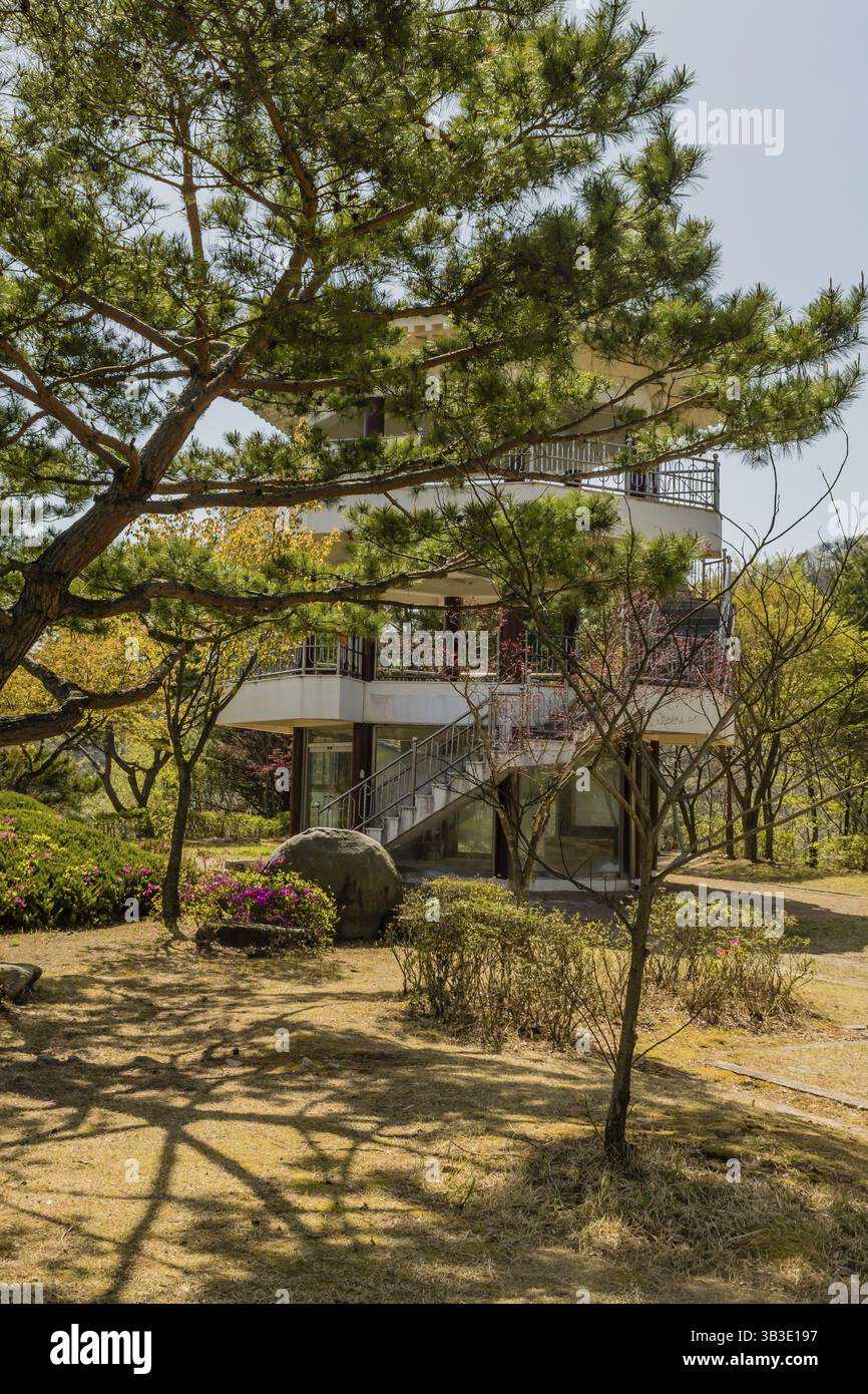 Jinan, South Korea, April 21, 2020: Three story pavilion behind ...