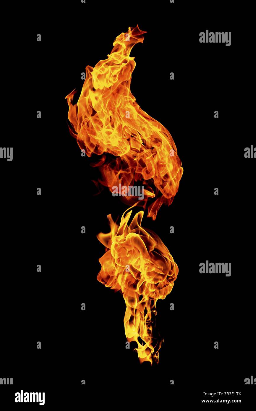 Burning flame isolated on a black background. Fire in red, orange and ...