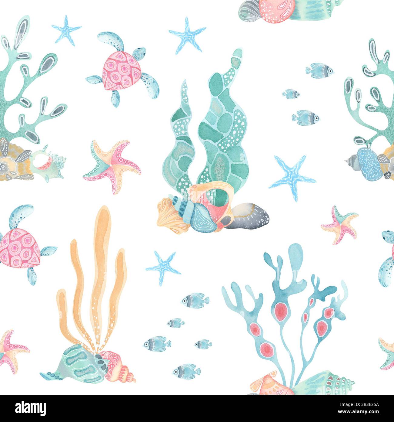 Watercolor underwater world seamless pattern in pastel colors. Playful ...