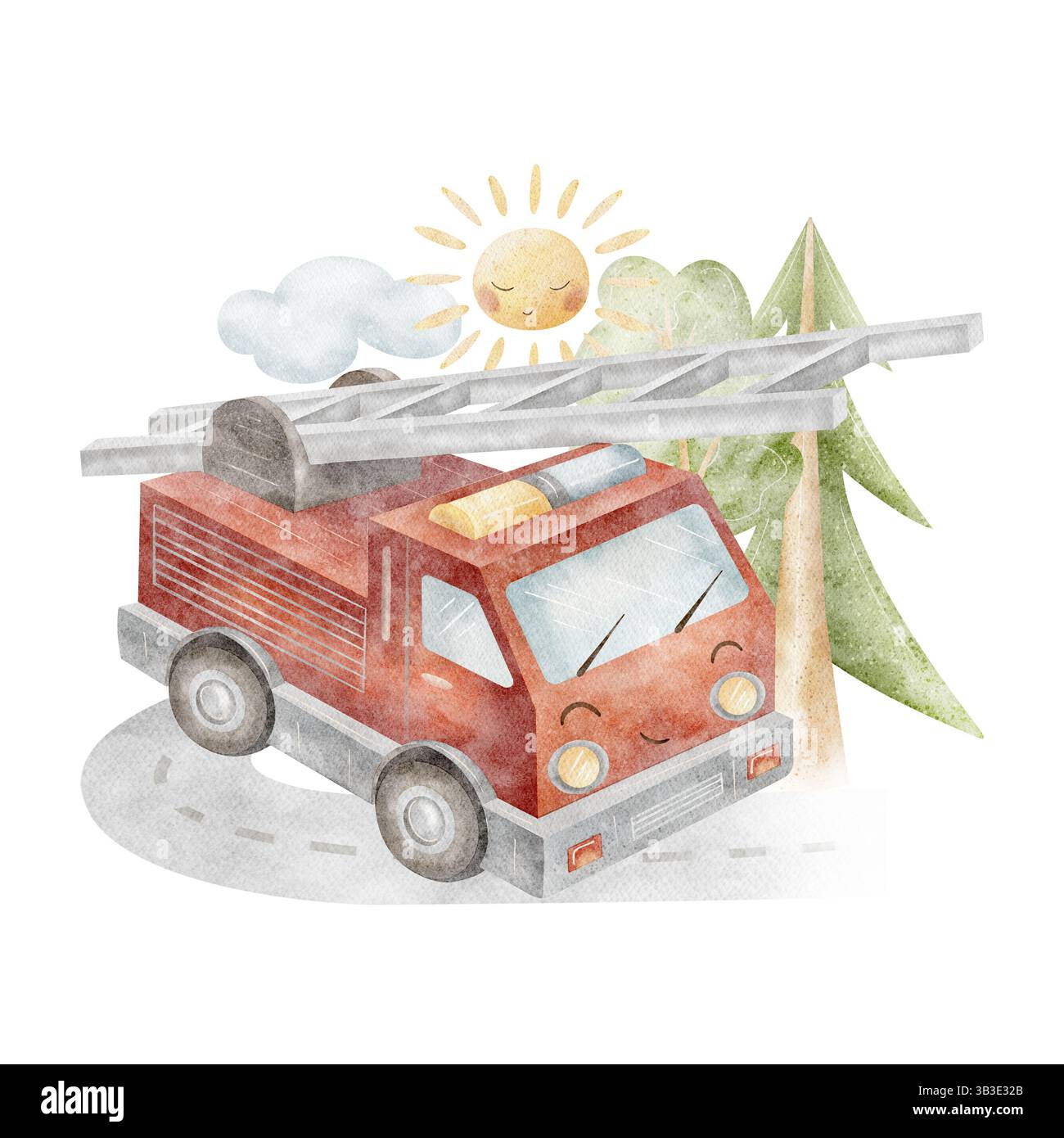 Watercolor illustration fire engine, city transport, road, trees, sun ...
