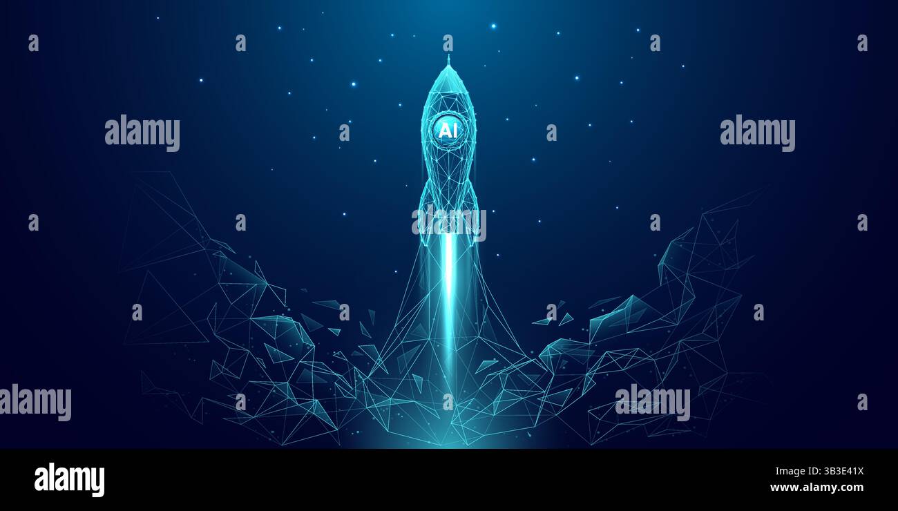 AI Rocket Launch with AI and Smoke on tech background blue Stock Vector ...