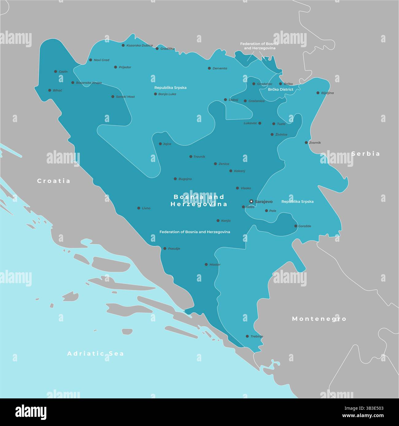 Vector modern illustration with authors vision. Simplified administrative map of Bosnia and ...