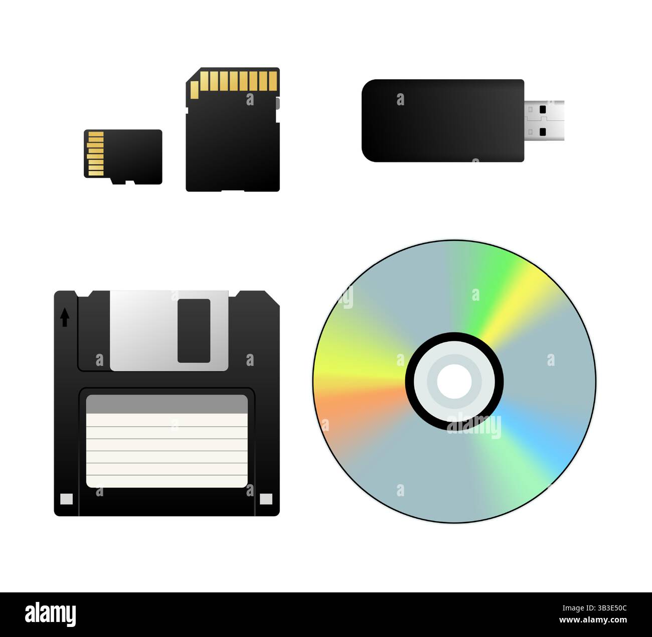 Different types of storage devices including floppy disk, cd, usb flash ...