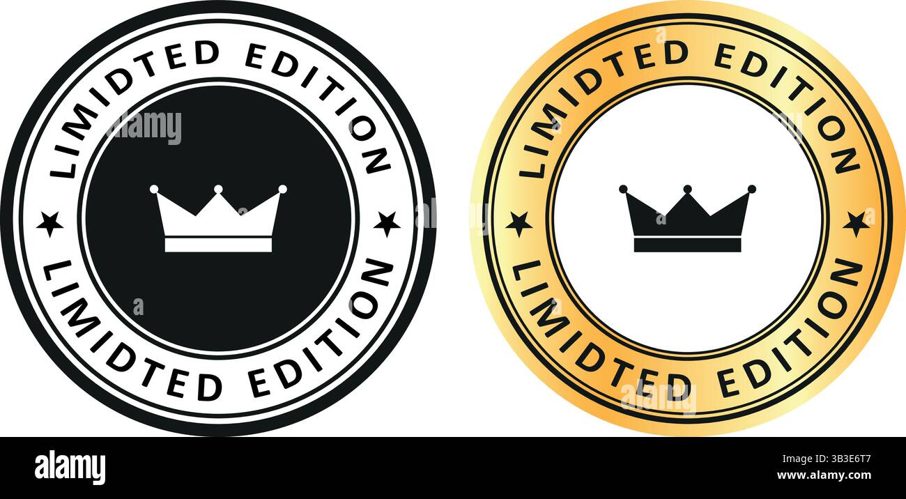 two round limited edition badges in black and gold with crown icons ...
