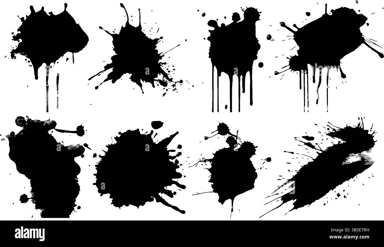 Collection of black ink splatters with dripping effects and splashes in ...