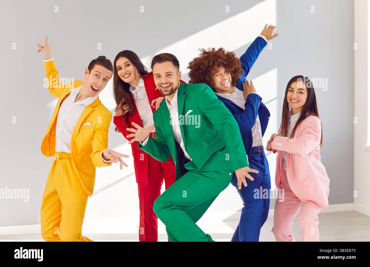 Dancing, acting group people in vibrant vivid formal suit, cool happy ...