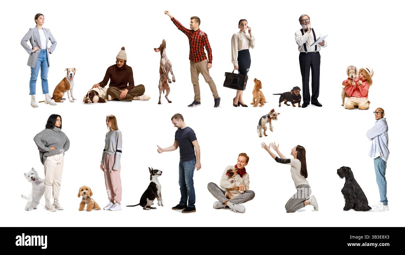 Collage of different people, men, women and children standing, sitting ...