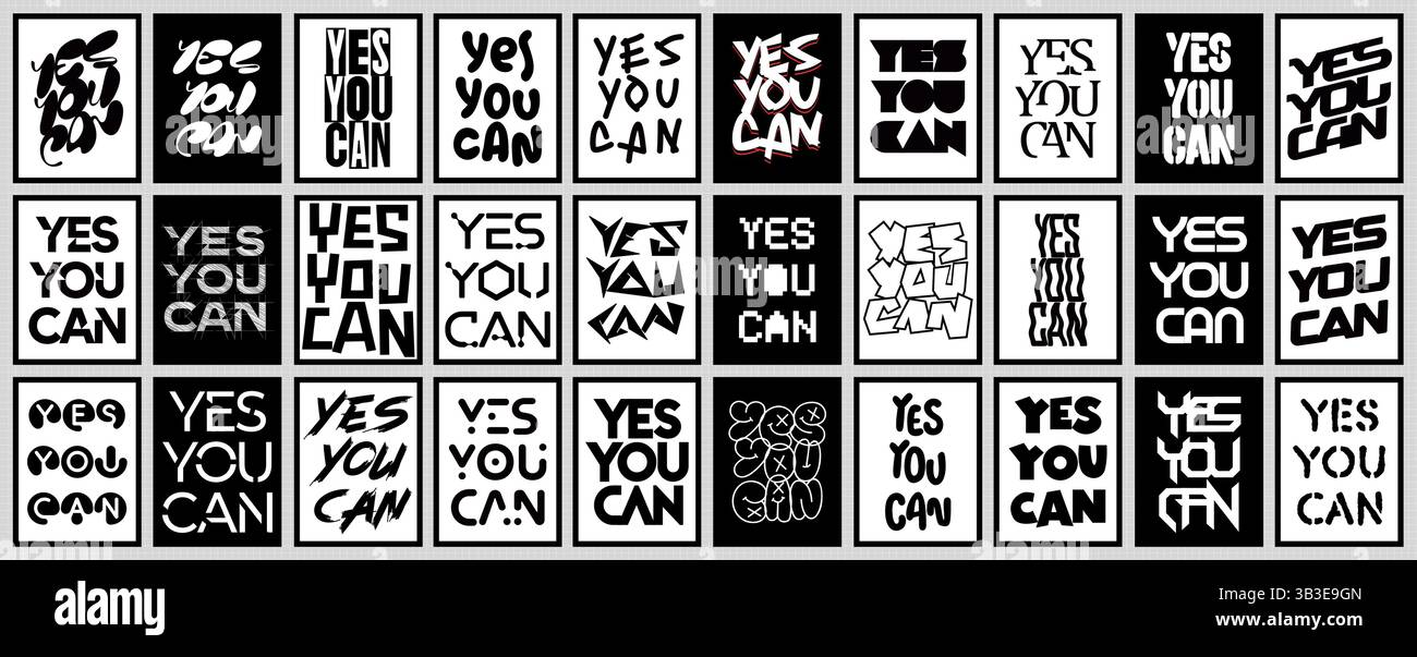 Motivational Typography Set, Yes You Can Lettering for Black White ...