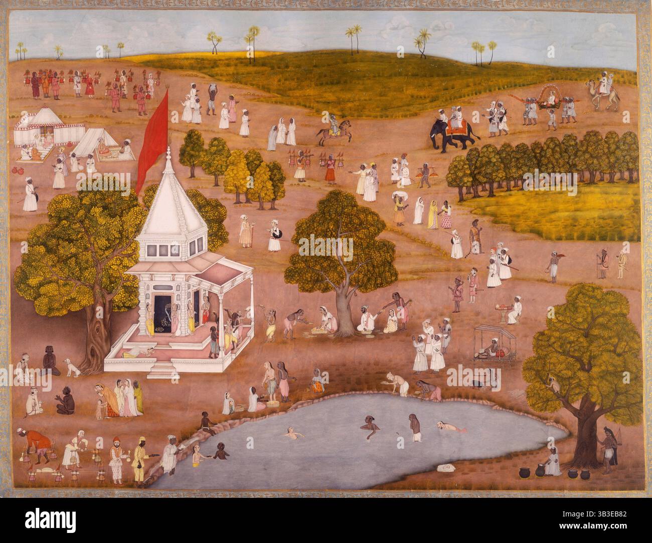 Indian landscape with people swimming near a temple, c1760. In the ...