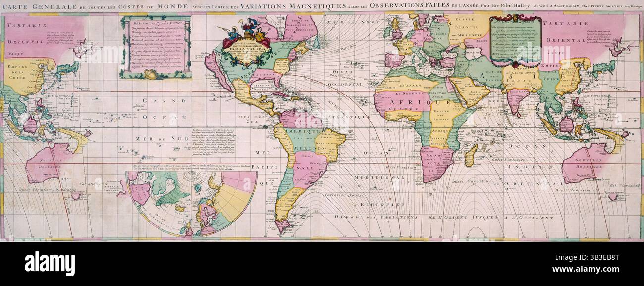 Map of the World, c1701. Nautical table showing magnetic variations ...