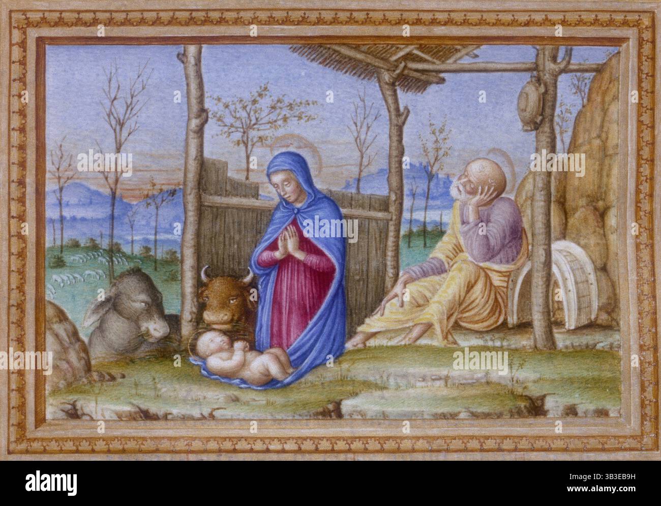 Jesus, Mary and Joseph in the stable, 15th century? Mary kneels in ...