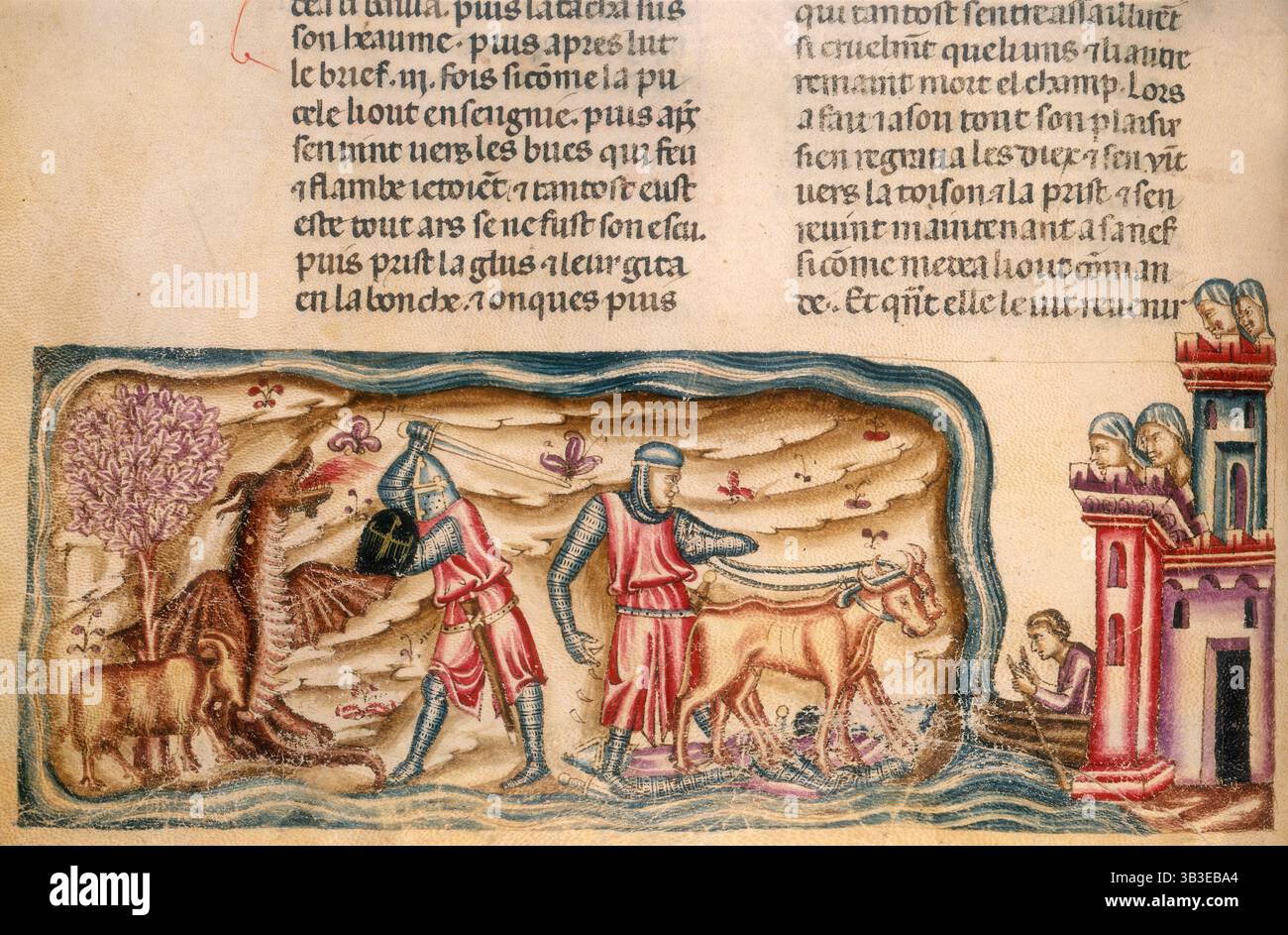 Jason in the Argo, yoking the oxen and slaying the dragon, 1340. On the ...