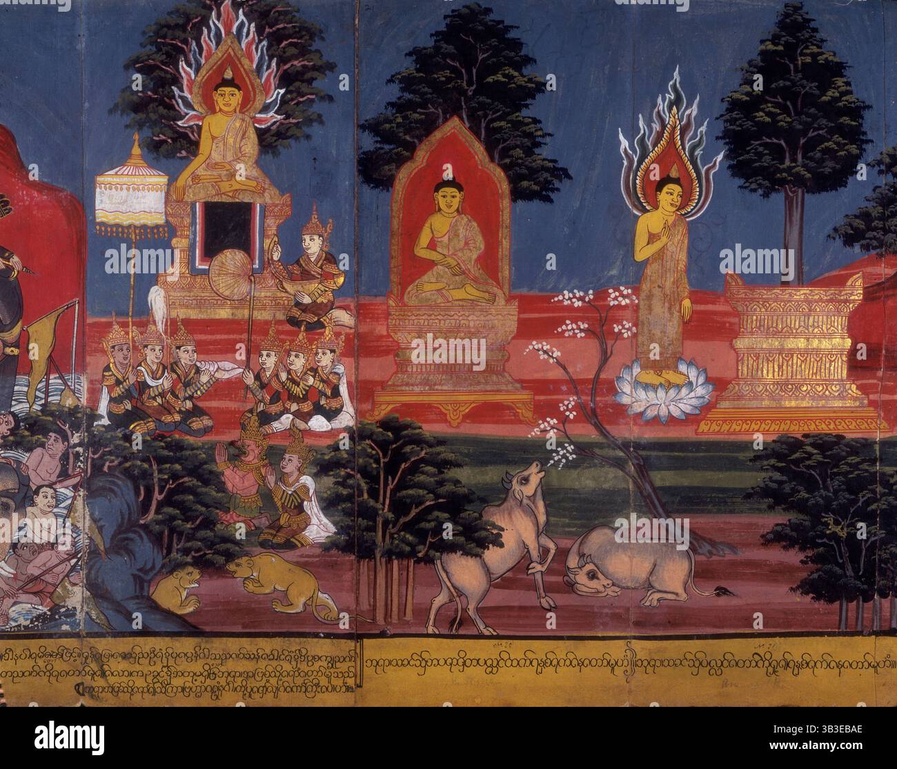 Buddhist deities, 19th century. A group kneeling on the left hold a fan ...