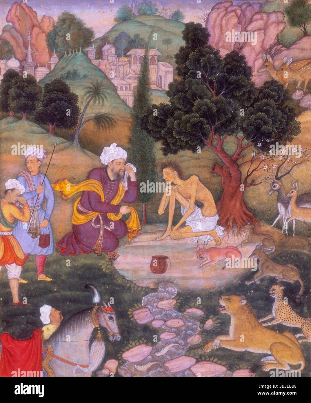 Salim telling Majnun of his mother's death, 1595. The emaciated Majnun ...