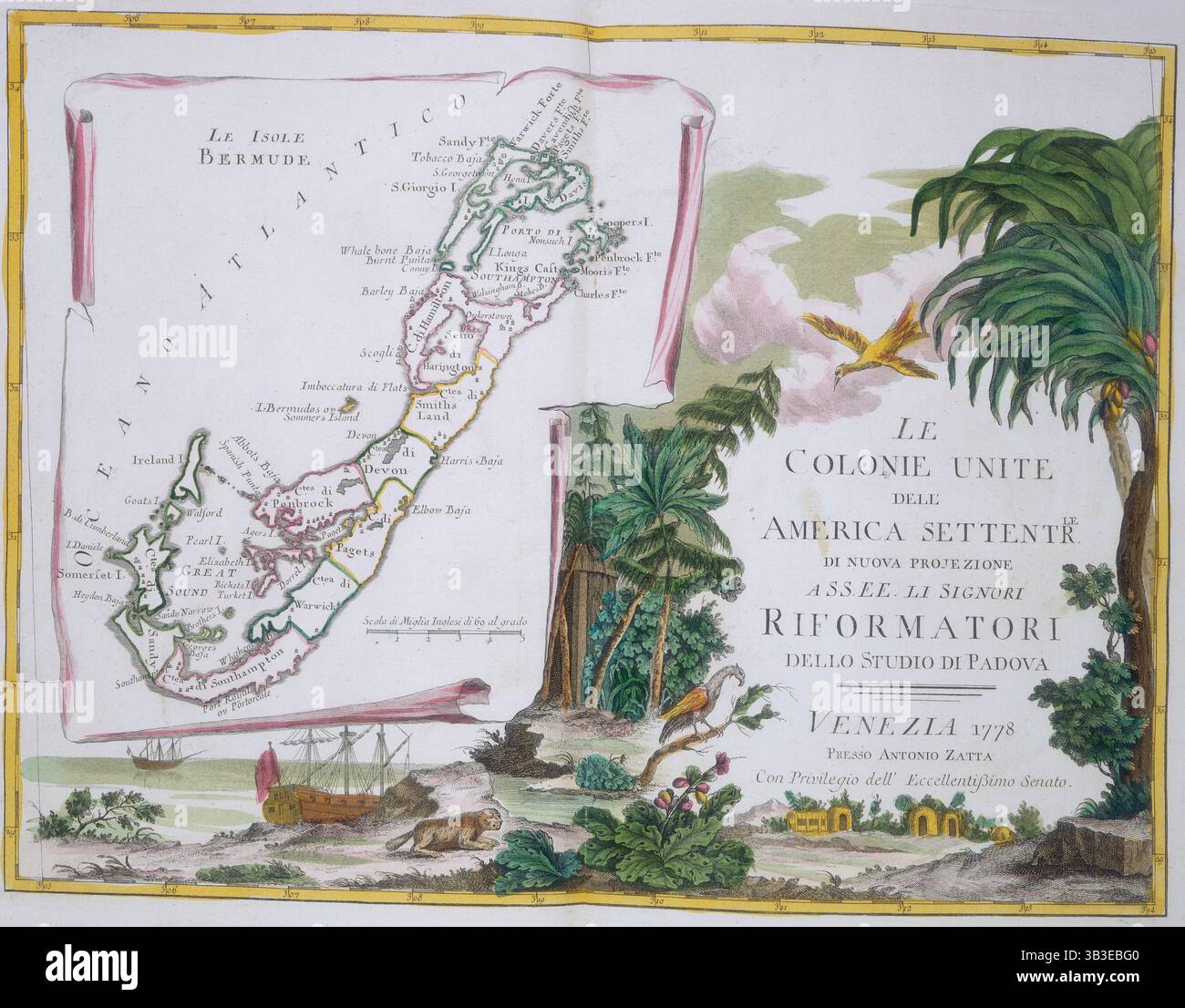 Map of Bermuda, 1778. Illustrated with pictures of ships at anchor and ...