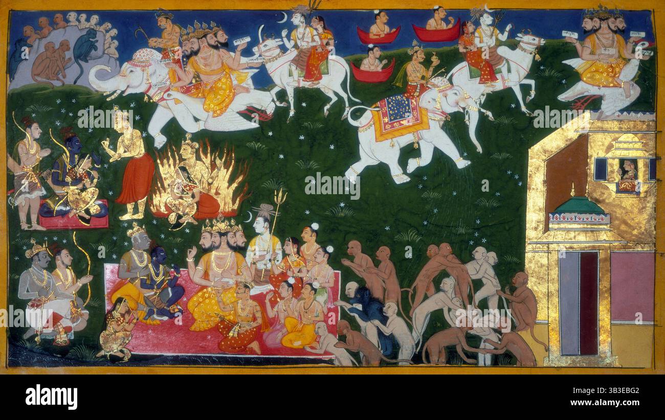 Agni Pariksha, 1652. Trial by fire. Scene from a Hindu epic, with multi ...