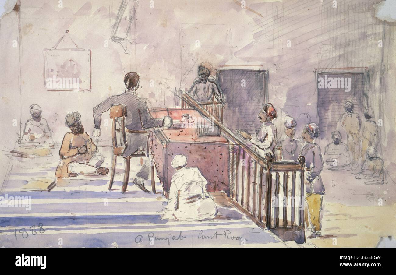 A Punjab court room, 1888. A man stands in the witness box, while a ...