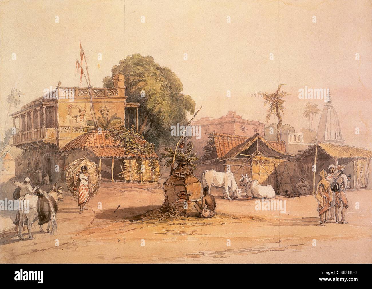 Indian village, c1835. Street scene showing a small 'tulsi' altar ...