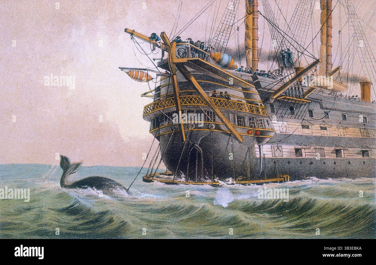 HMS Agamemnon laying the original Atlantic cable, 1850s. Sailors watch ...