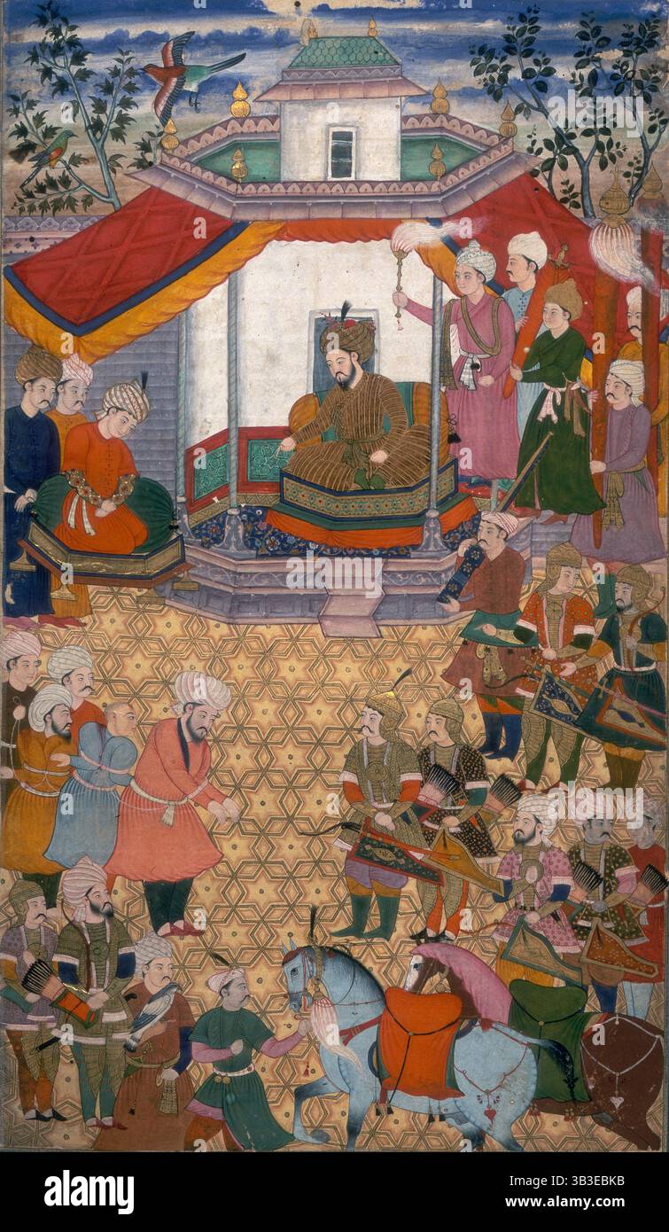 Bayazidi brought before Timur, 1600. Timur sits enthroned under a ...