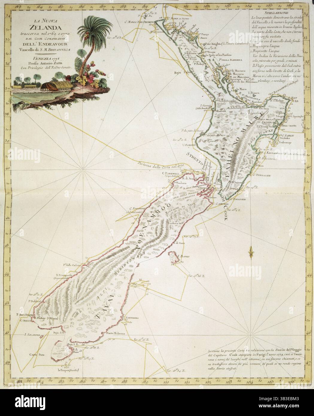 Map of New Zealand, 1778. 'La Nuova Zelanda trascorsa nel 1769 e 1770 ...