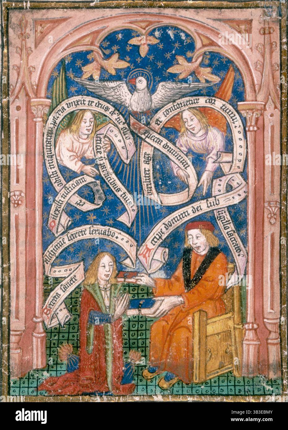 An alchemical disciple receives a book from his master, c1477. The ...