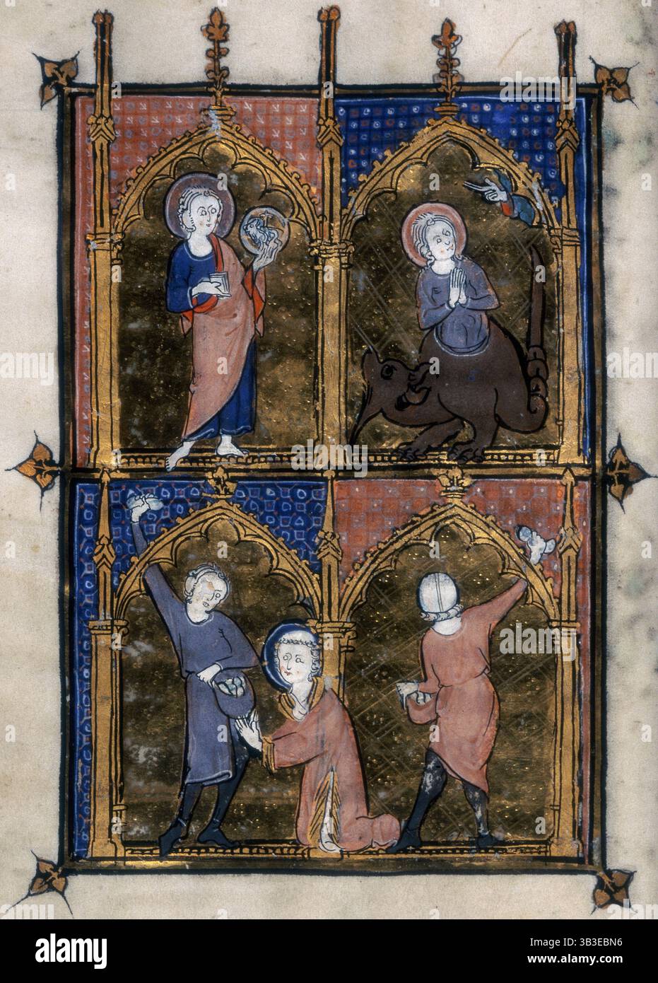 Four miniatures, c1295-c1310. At top right a female saint emerges from ...