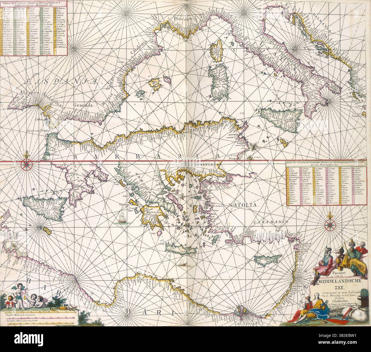 Maps of the Mediterranean, 1682. The upper half is a chart of the whole ...