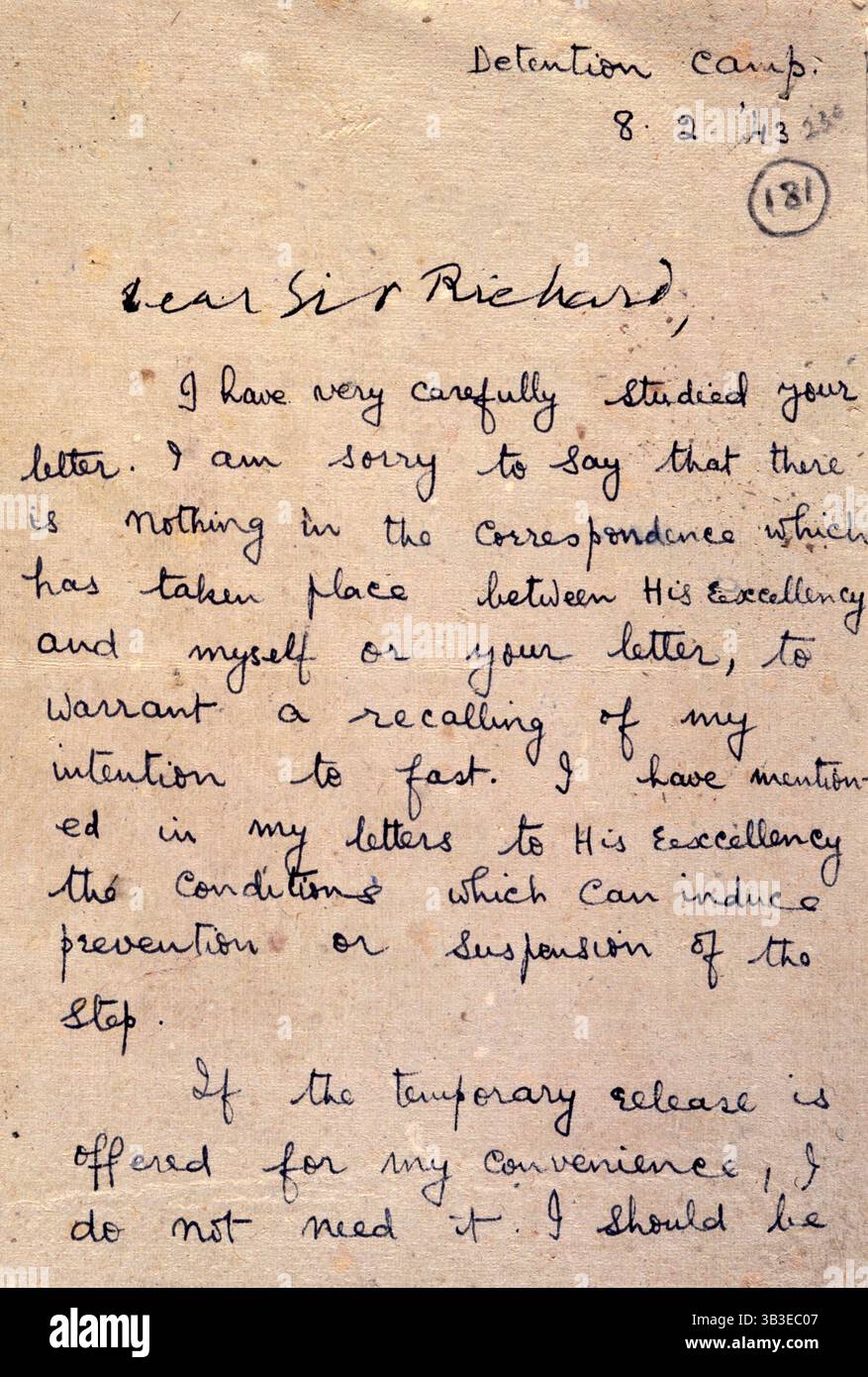 Opening page of a letter from Gandhi to Sir Richard Tottenham, 1943 ...